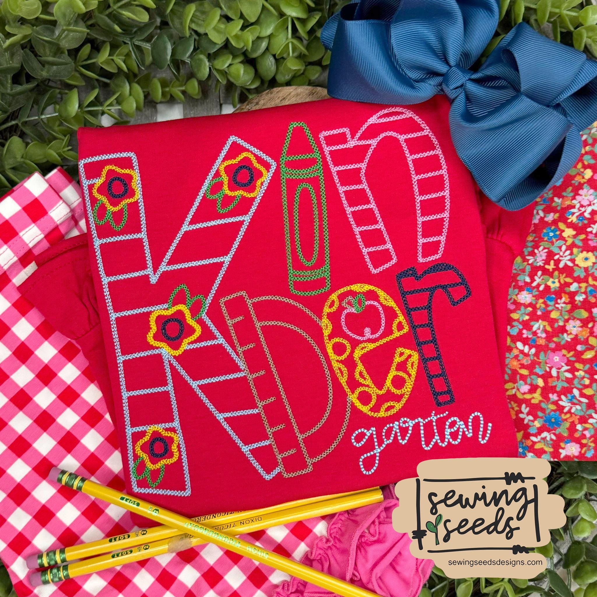 Back to School Kindergarten Stacked Floral GIRL ALL THREAD Embroidery ...