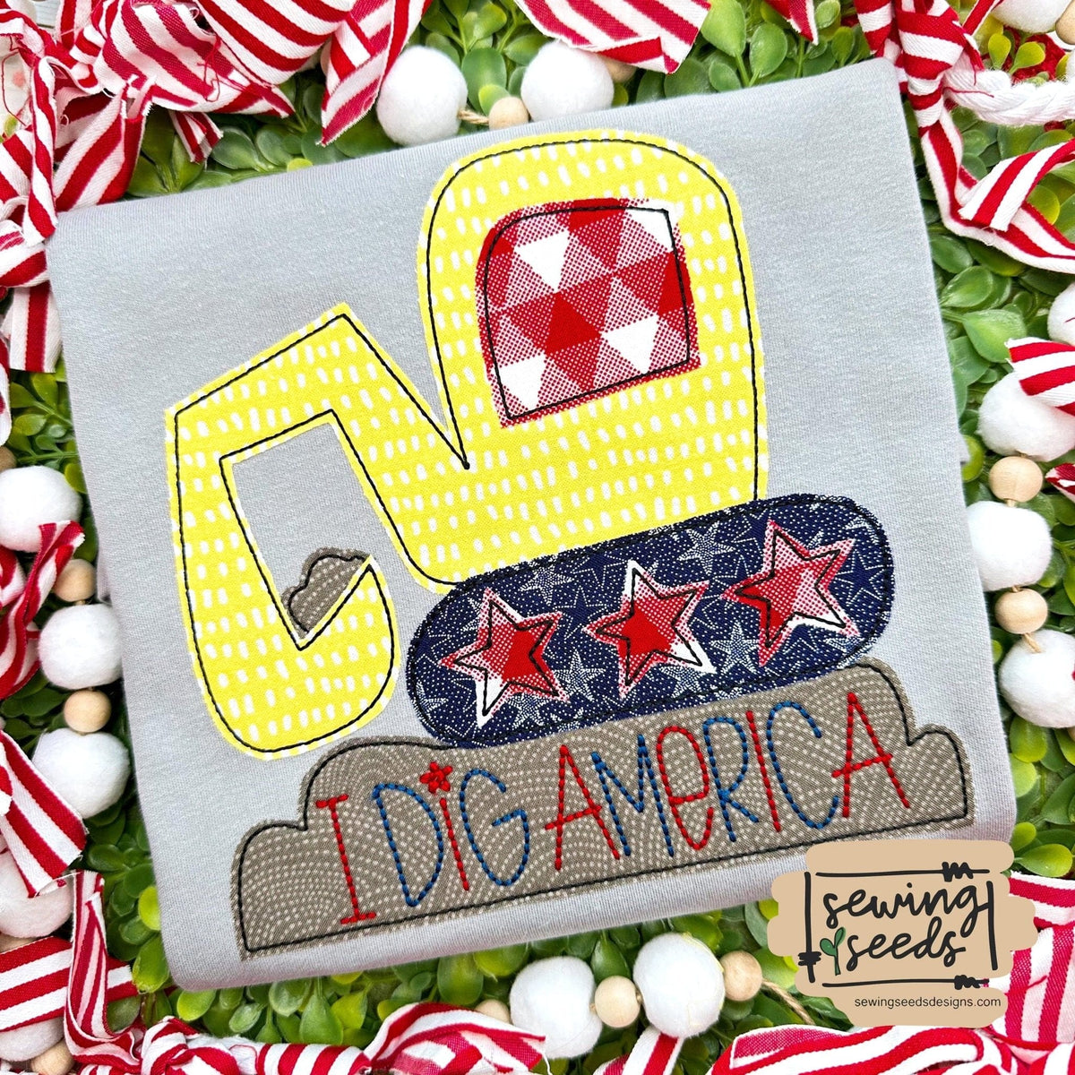 Patriotic I Dig America Excavator Applique SS – Sewing Seeds