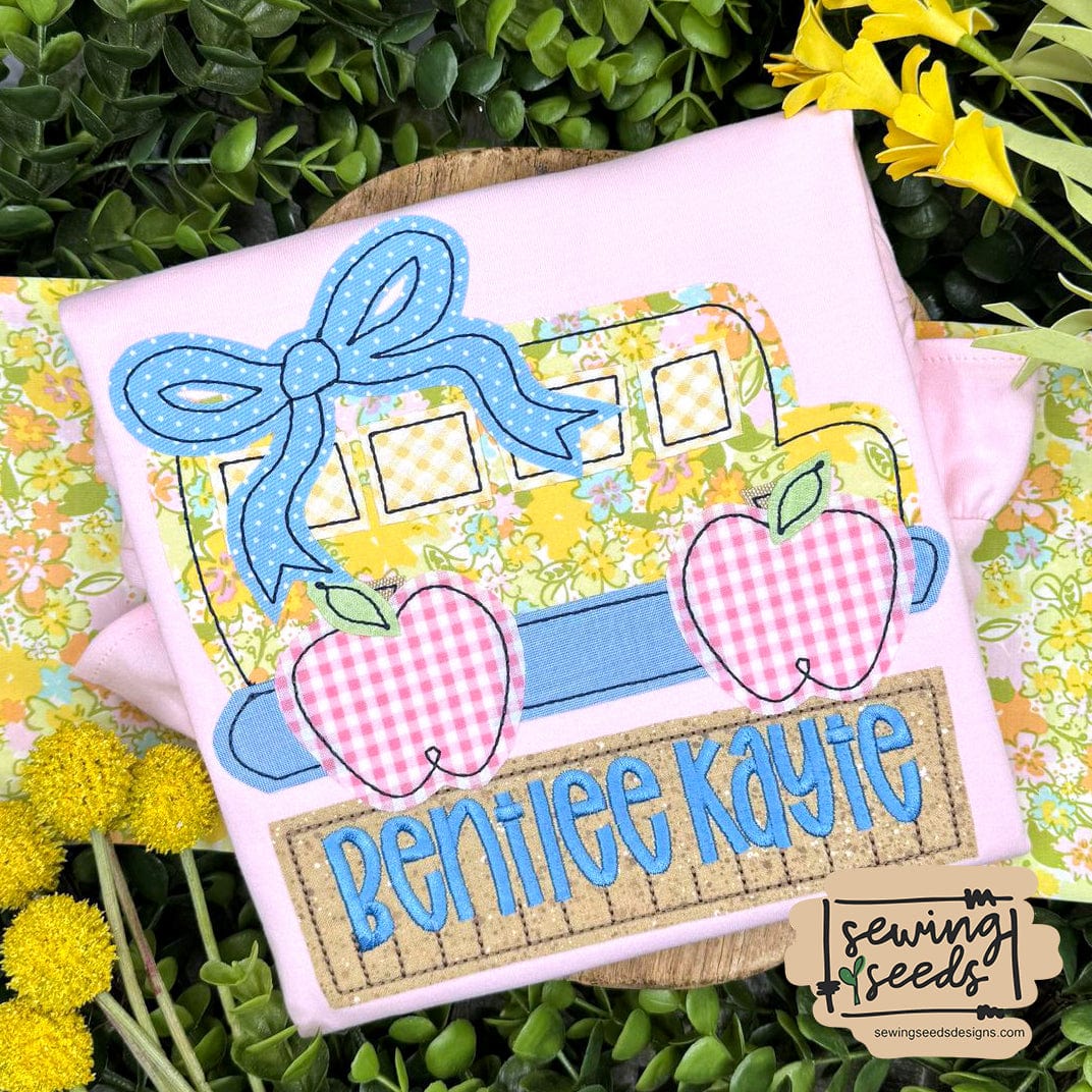 School Bus with Apple Wheels GIRL BOW Applique SS – Sewing Seeds